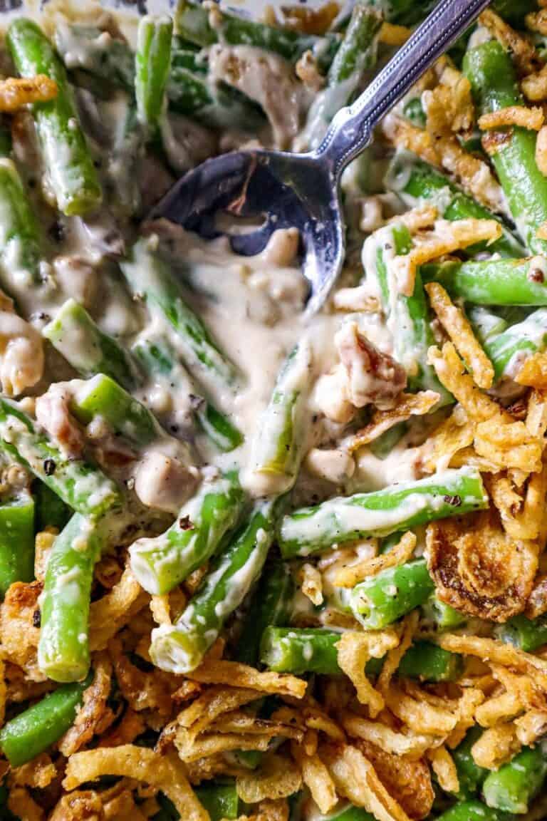 Bacon & Goat Cheese Green Bean Casserole - Must Love Garlic
