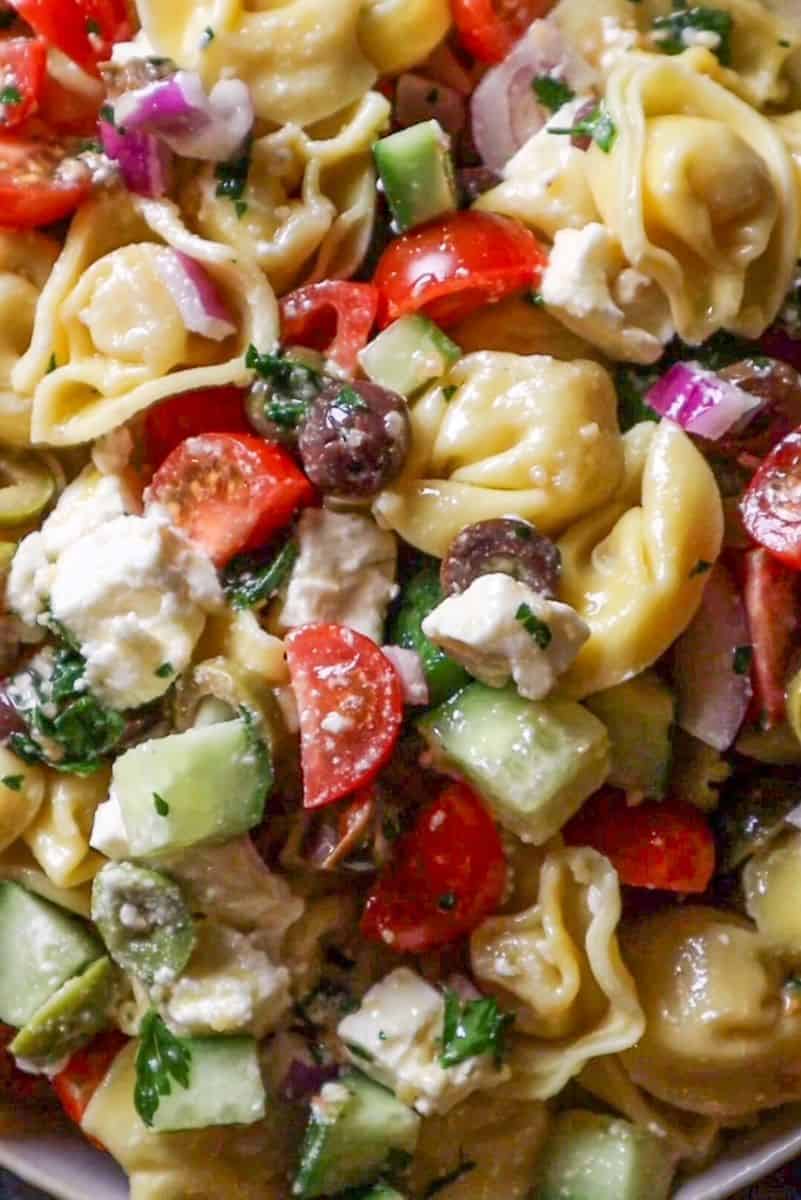 Easy Greek Tortellini Salad with Smashed Feta Dressing - Must Love Garlic